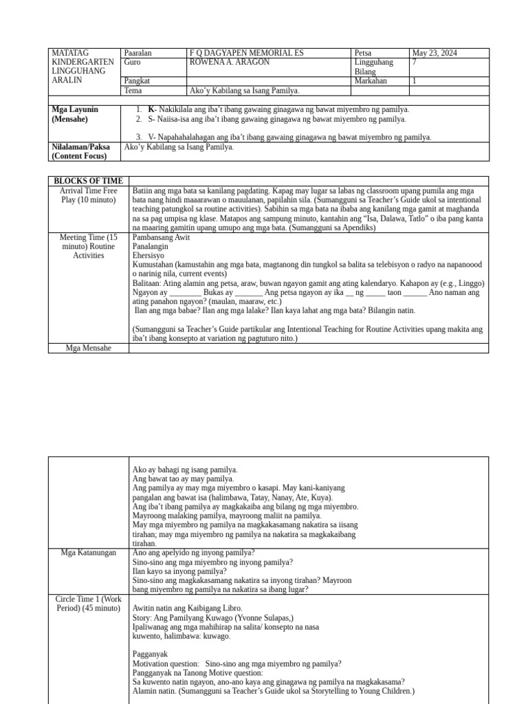 Matatag Kindergarten LP | PDF