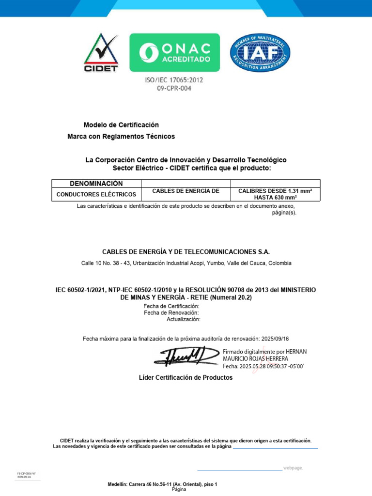Certificado IEC 60502-1 de Cables Eléctricos | PDF | Cobre | Electricidad