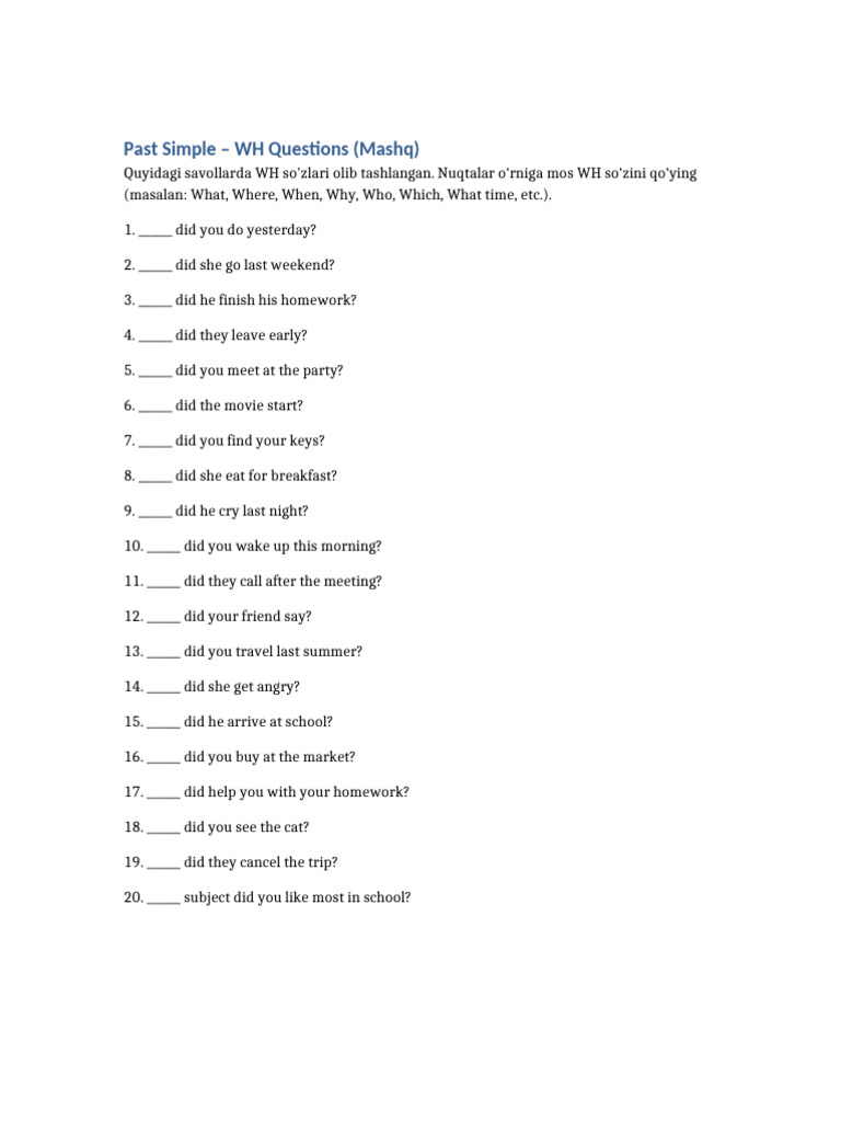Past Simple WH Questions Mashq | PDF