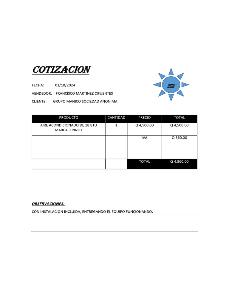 Cotización Aire Acondicionado | PDF