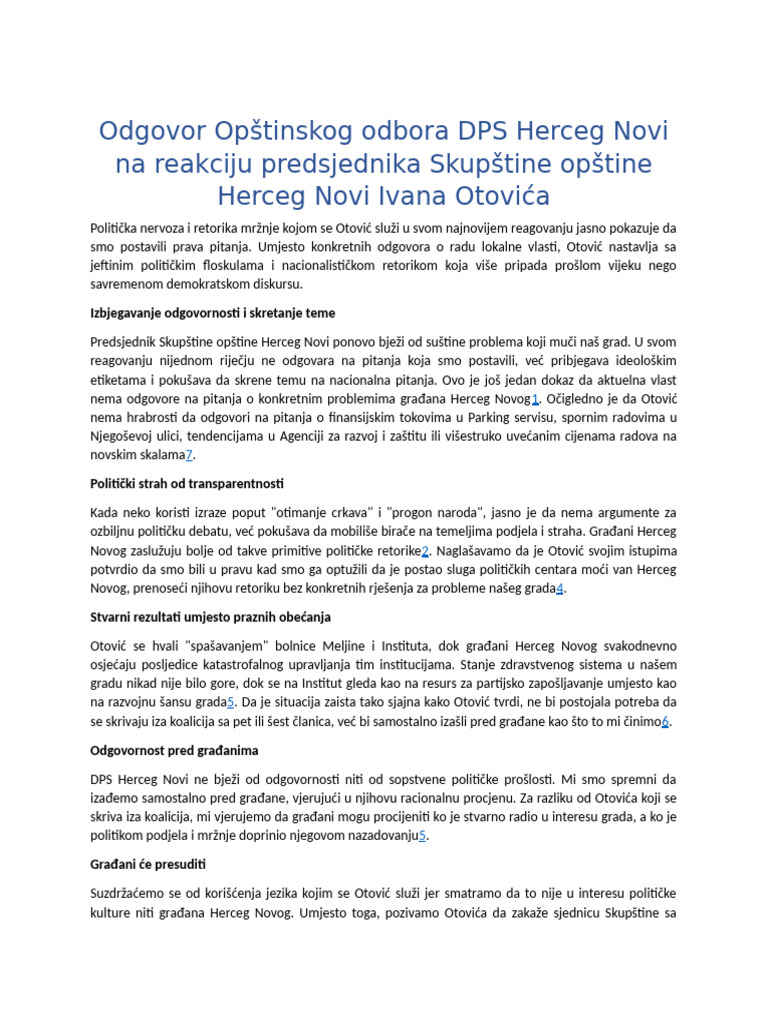 Odgovor Opštinskog Odbora DPS Herceg Novi Na Reakciju Predsjednika Skupštine Opštine Herceg Novi ...