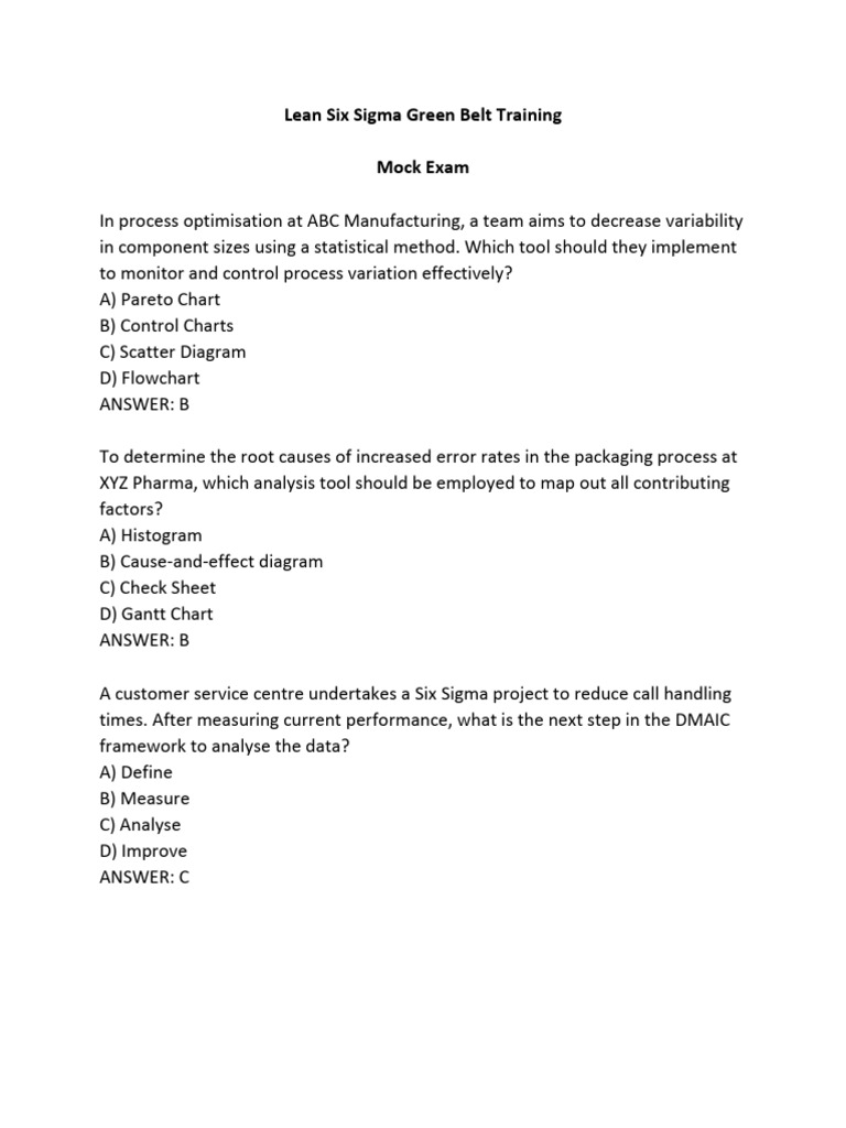 Lean Six Sigma Green Belt Mock Exam | PDF | Six Sigma | Lean Manufacturing