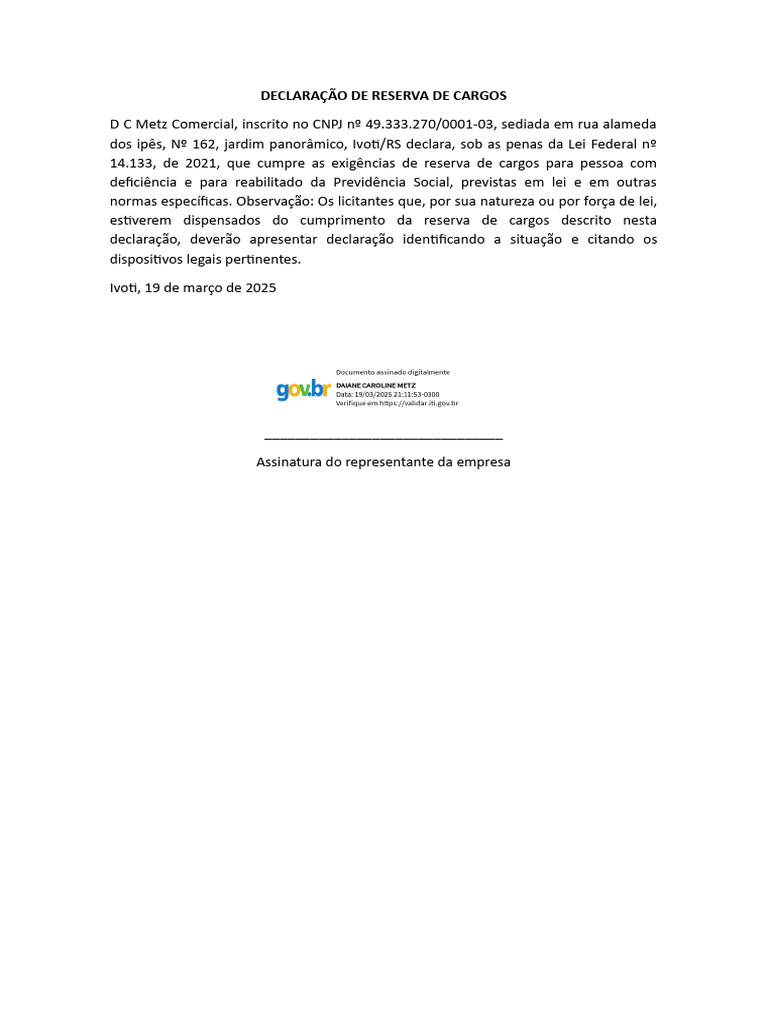 Declaração de Reserva de Cargos | PDF