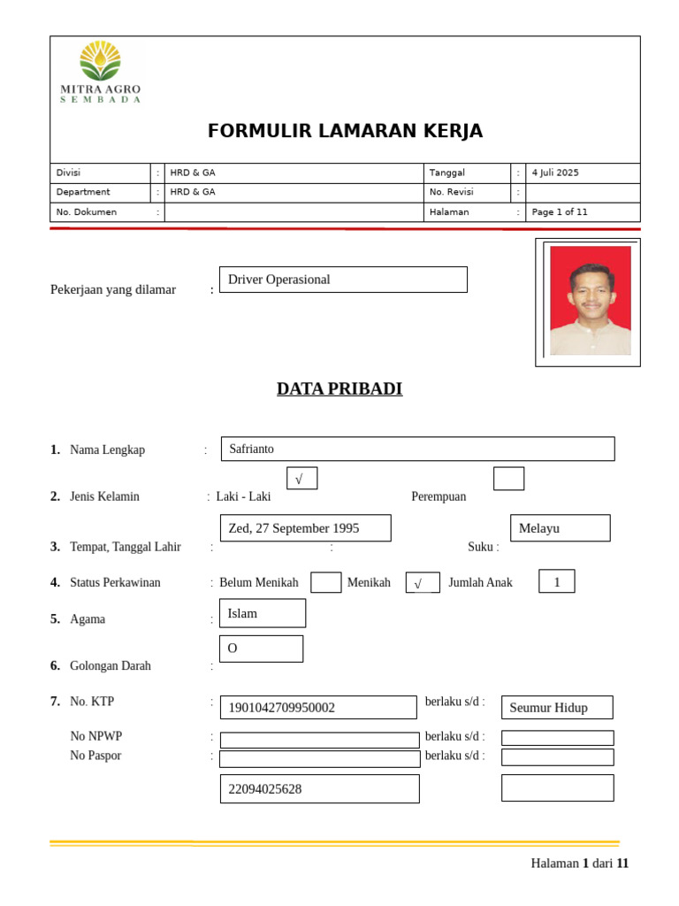 Formulir Lamaran Kerja-PT MAS - S | PDF