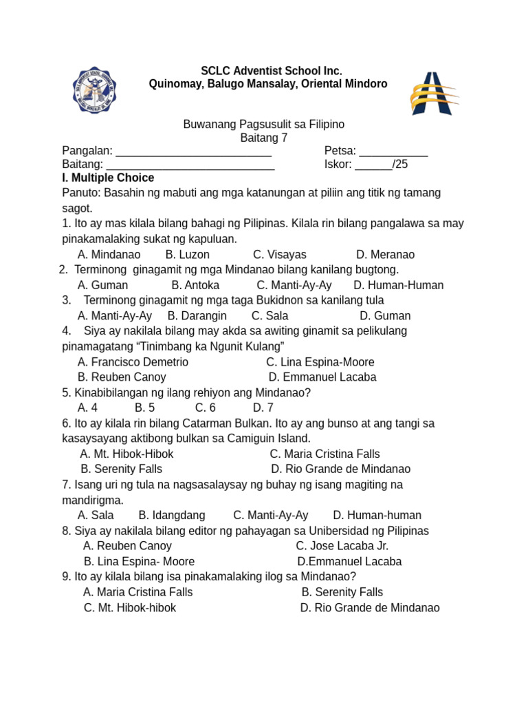 7 Monthly Test FIL | PDF