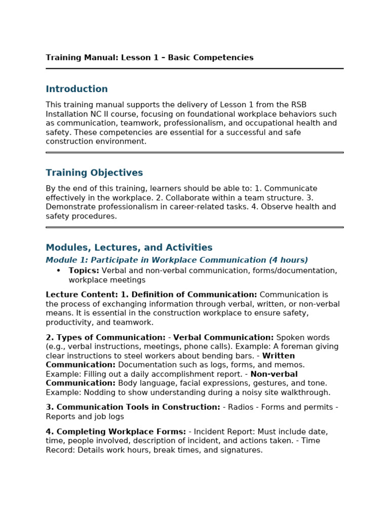 RSB Lesson Plans CBLM LESSON 1 | PDF | Occupational Safety And Health | Personal Protective ...