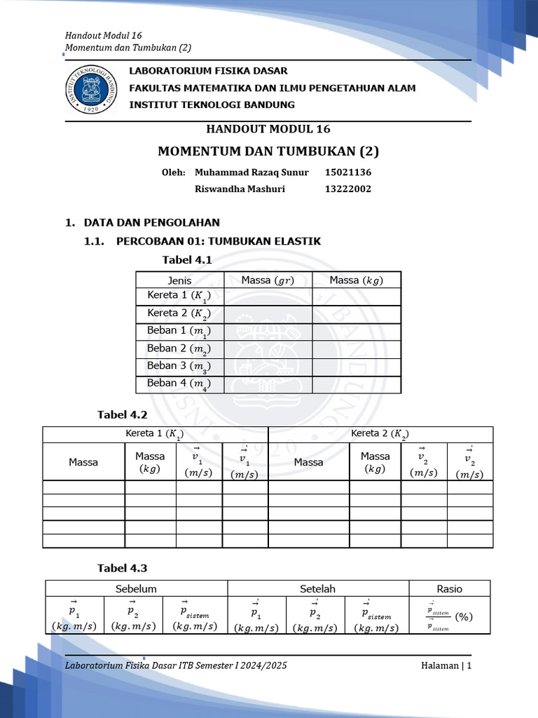 Handout Praktikan Modul 16 - Momentum Dan Tumbukan | PDF