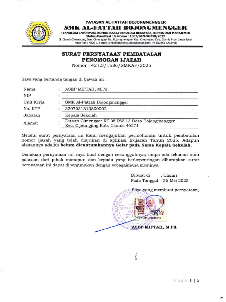 Pernyataan Pembatalan Ijazah | PDF