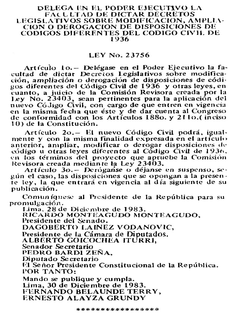 Ley #23756 - Delegación en El Pider Ejecutivo La Facultad de Dicatr ...
