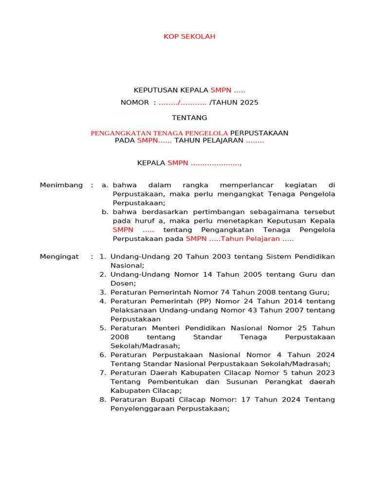 CONTOH SK Tugas Pengelola Perpustakaan Sekolah | PDF