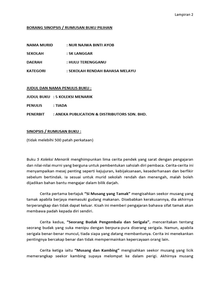 Borang Sinopsis BM 2 5 Koleksi Menarik | PDF