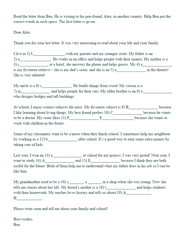 Ben's Letter to Alex: Family and School | PDF