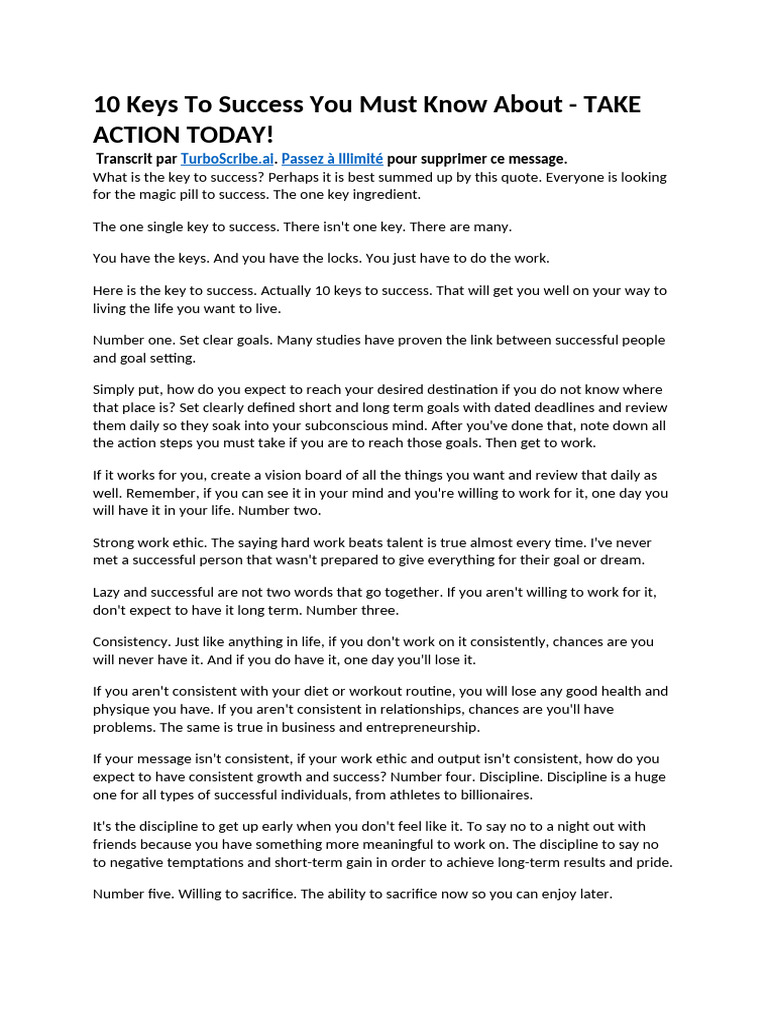 10 Keys To Success You Must Know About - TAKE ACTION TODAY! | PDF ...