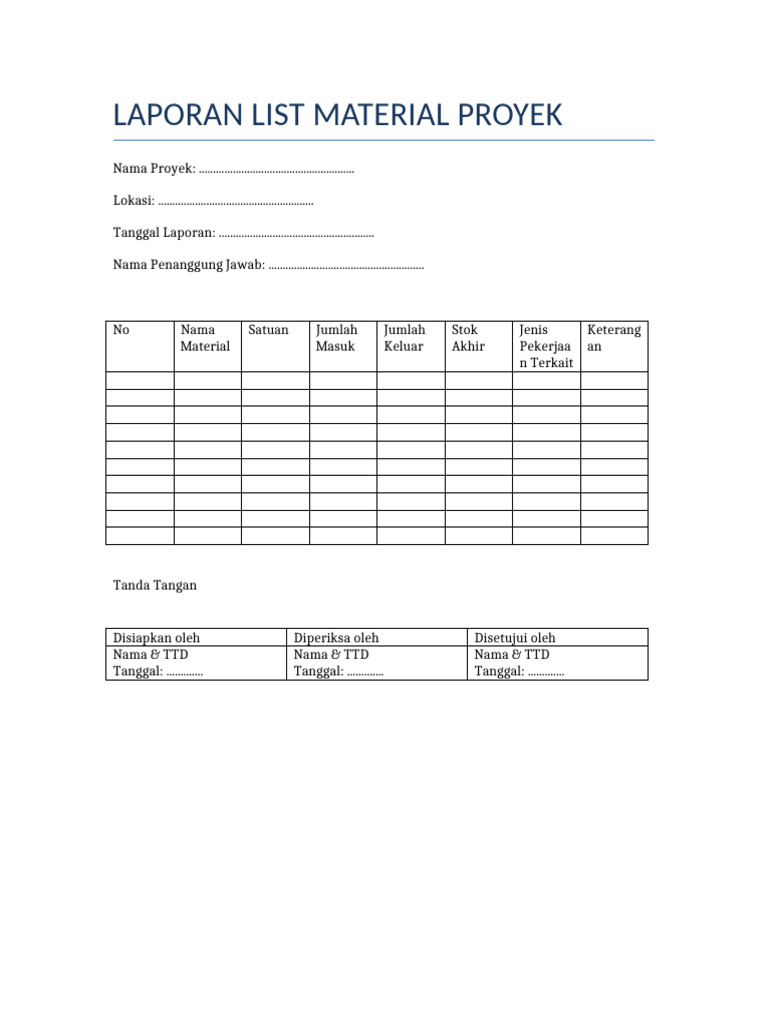 Laporan List Material Proyek | PDF
