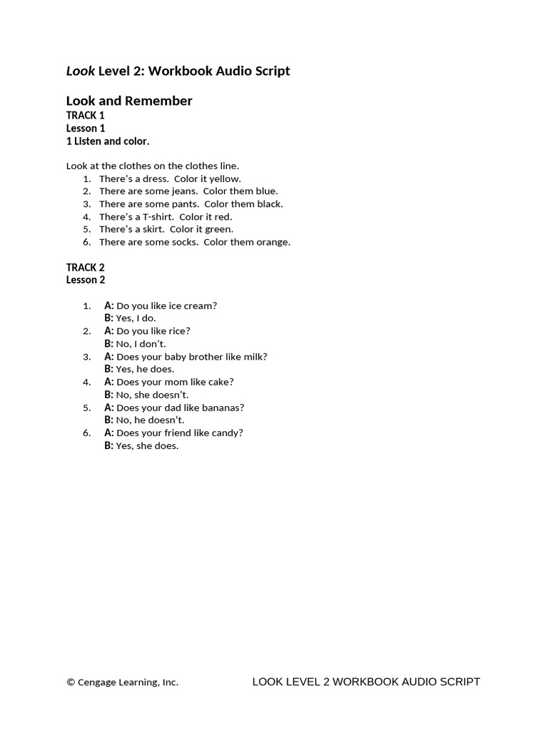 Look Level 2 Workbook Audio Script | PDF | Rainbow | Car
