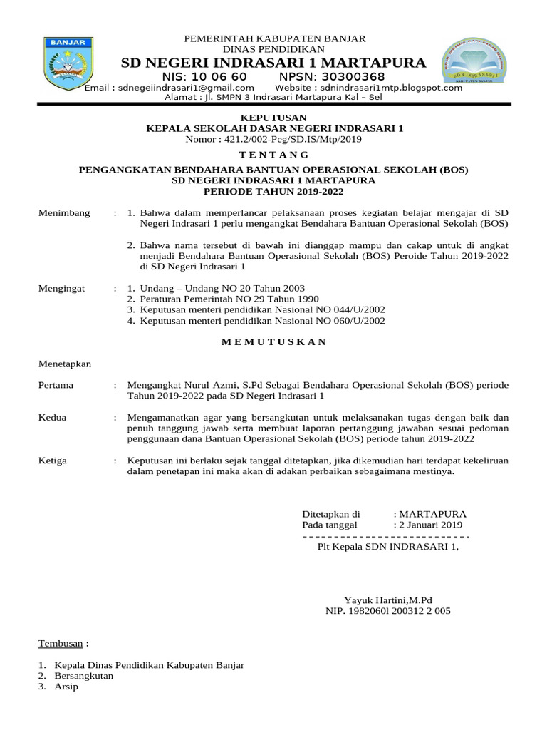 SK Pengangkatan Bendahara Bos | PDF