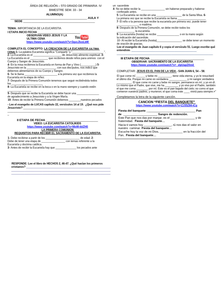 Iv Bim Ficha 33 - 34 5to Religion | PDF | eucaristía | Teología