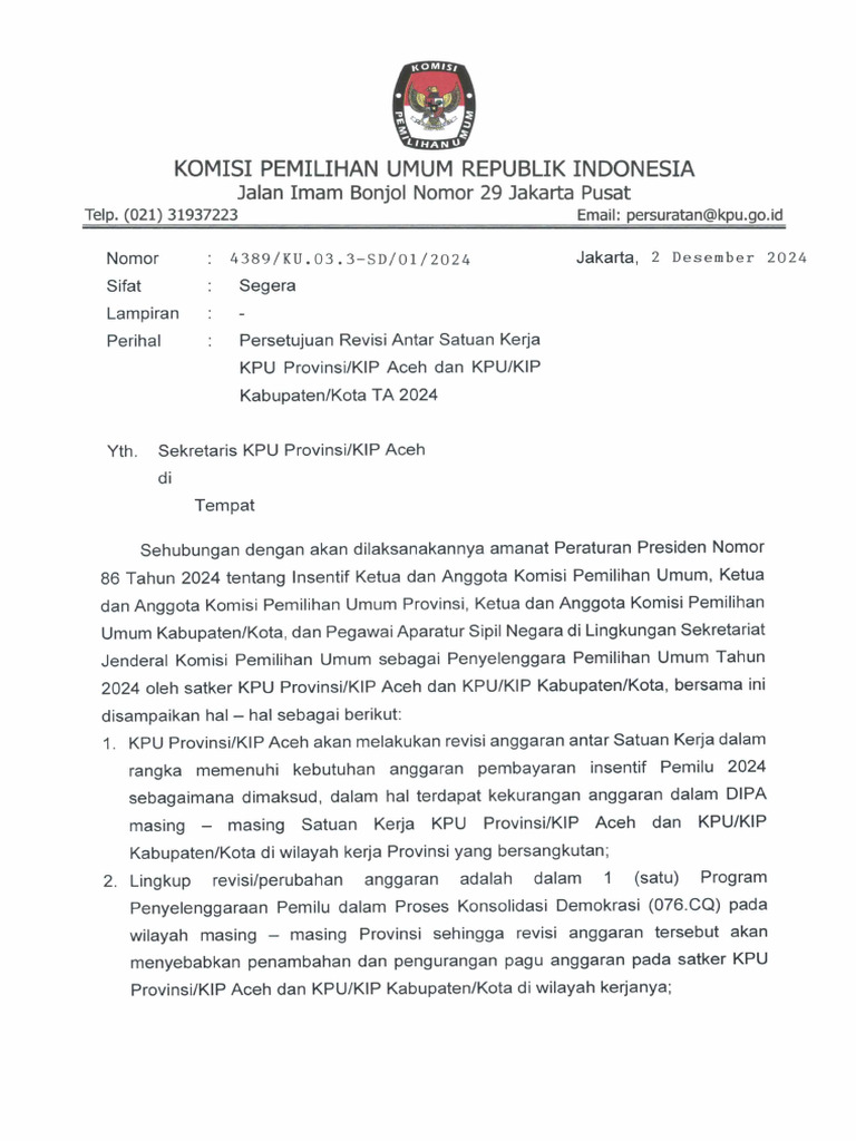 4389 - SD SJ - Persetujuan Revisi Antar Satuan Kerja KPU | PDF