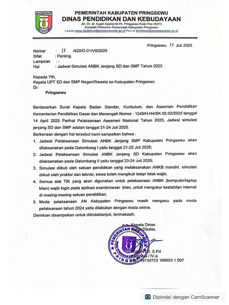 Jadwal Simulasi ANBK Jenjang SD Dan SMP | PDF