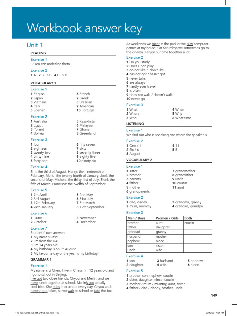 NCU3e BrE A2 Workbook AnswerKey AllUnits | PDF | Grandparent