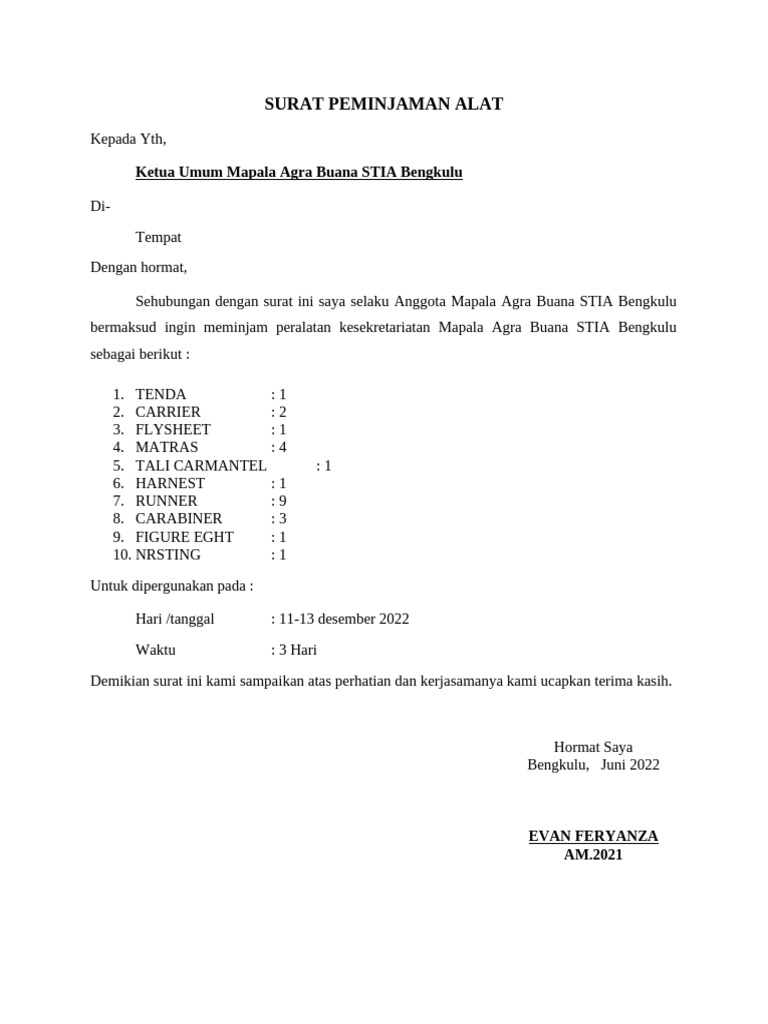 Surat Peminjaman Alat Mapala STIA Bengkulu | PDF