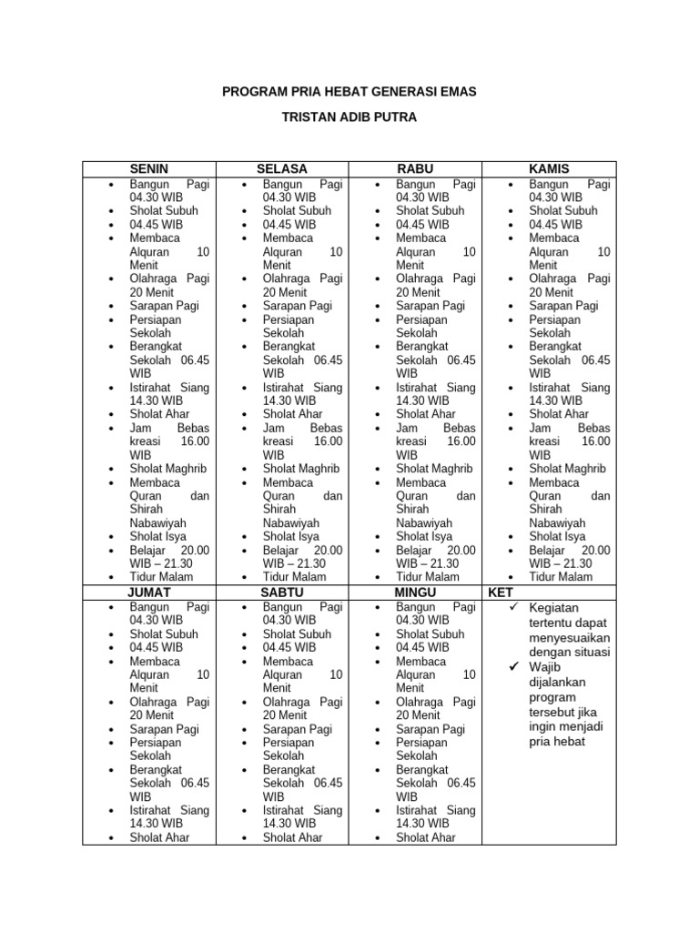 Jadwal Harian Program Pria Hebat | PDF