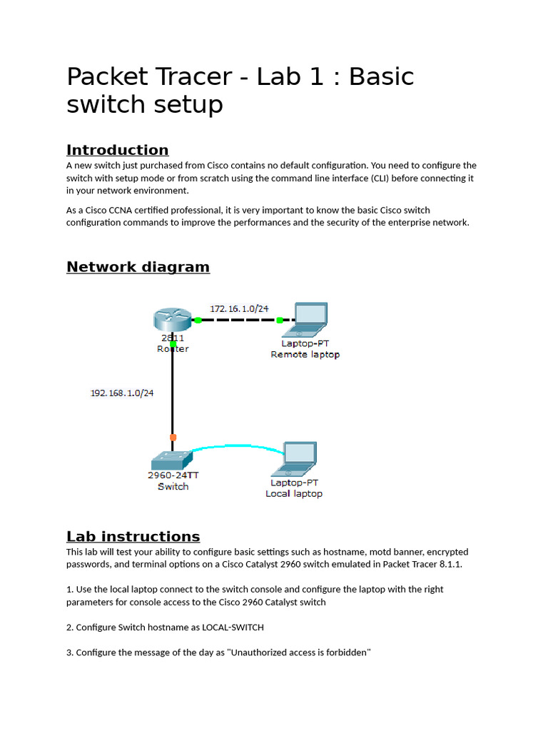 Packet Tracer - Lab 1 Basic Switch Setup | PDF | Command Line Interface | Computer Network