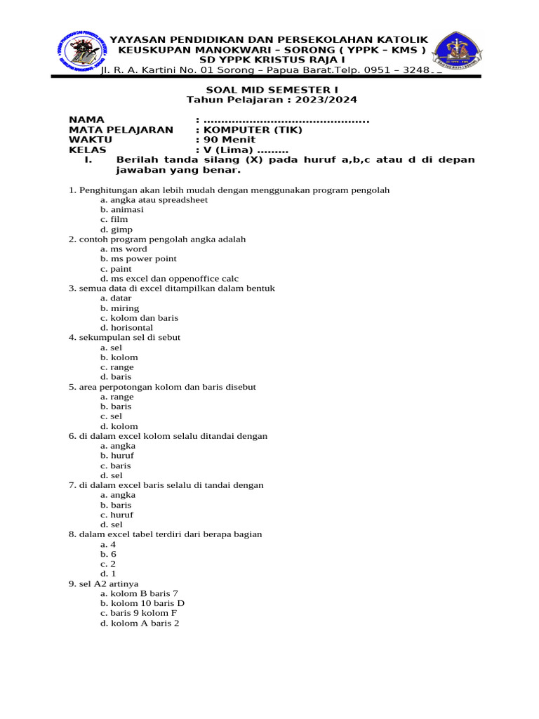 Soal Mid Semester 1 Kelas 5 Ta 2023-2024 | PDF