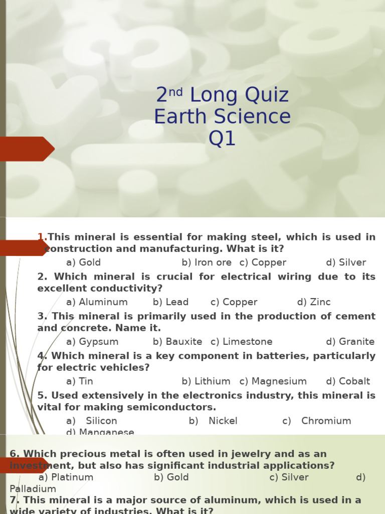 2nd Long Quiz-1st Q | PDF | Minerals | Rock (Geology)