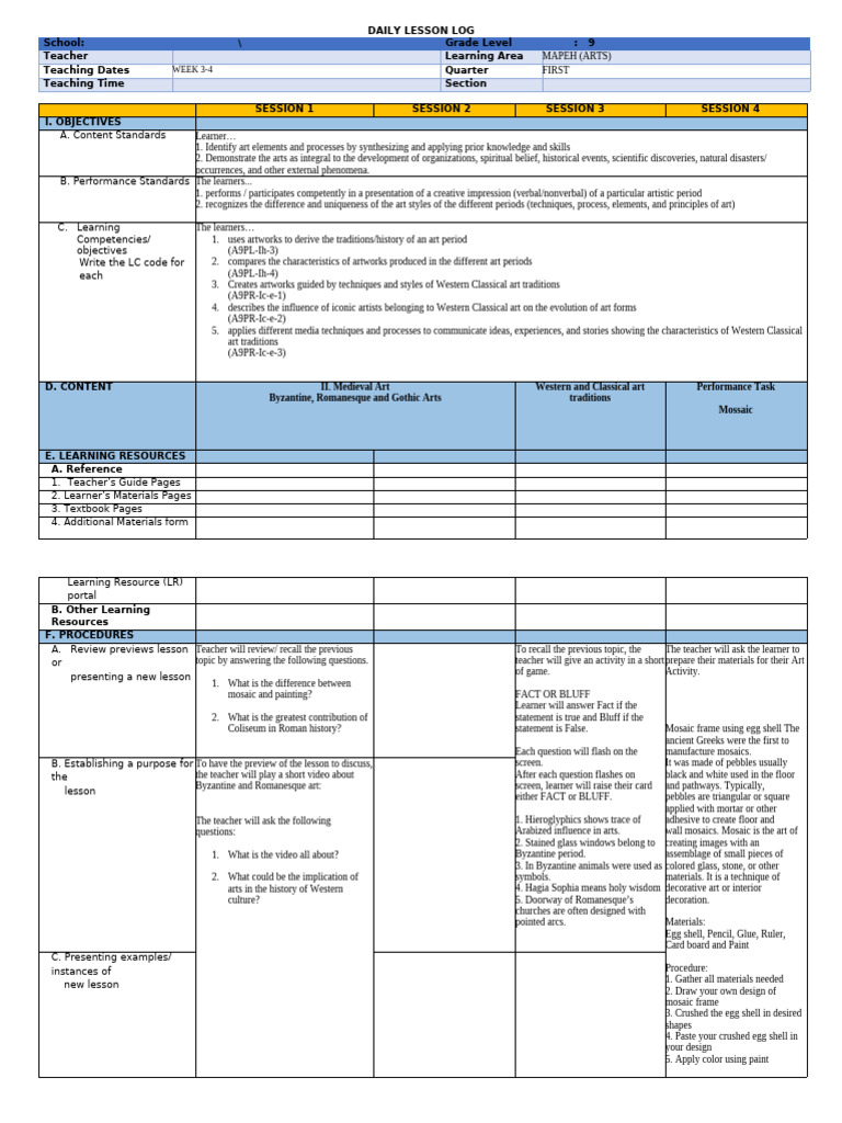 Daily Lesson Log Week 3-4 Arts | PDF | Mosaic | Learning