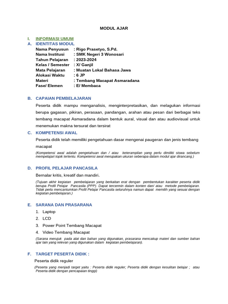 Modul Ajar - Tembang Macapat Asmaradana | PDF
