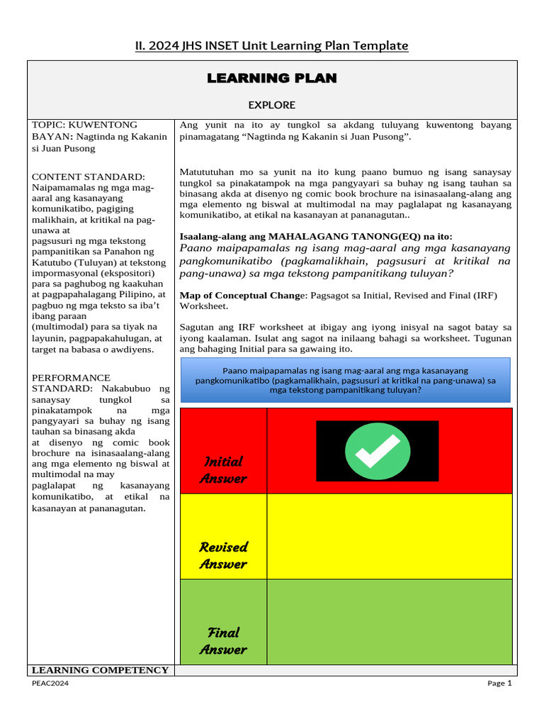 Sample Learning Plan in Filipino | PDF