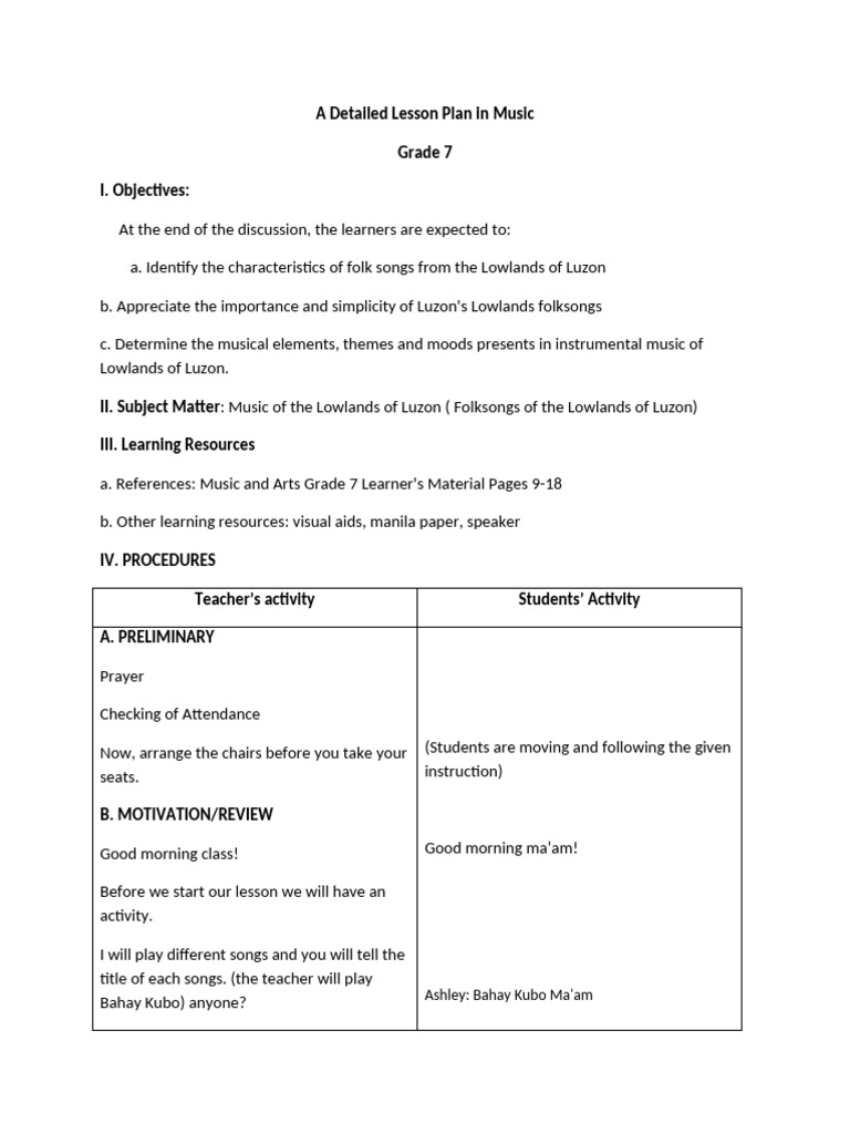 Grade 7 Music Lesson Plan: Luzon Folk Songs | PDF | Folk Music | Musicology