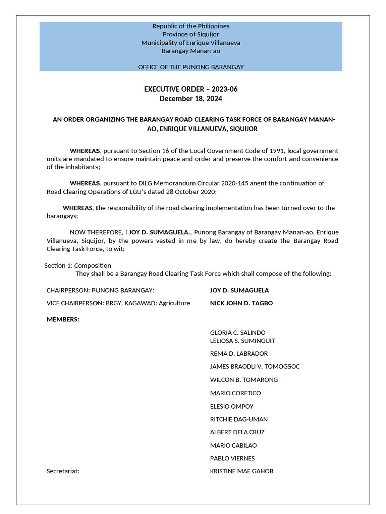 Barangay Road Clearing Task Force Order | PDF | Government