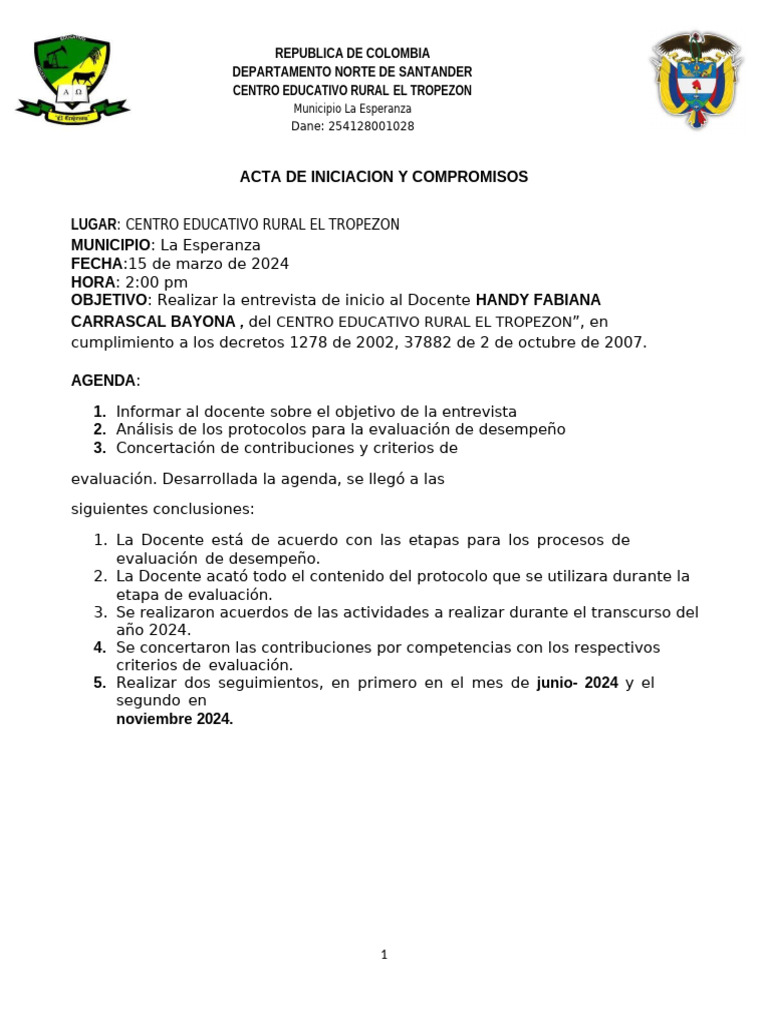 Final Acta de Inicio Handy Fabiana Carrascal Bayona | PDF | Aprendizaje | Enseñando