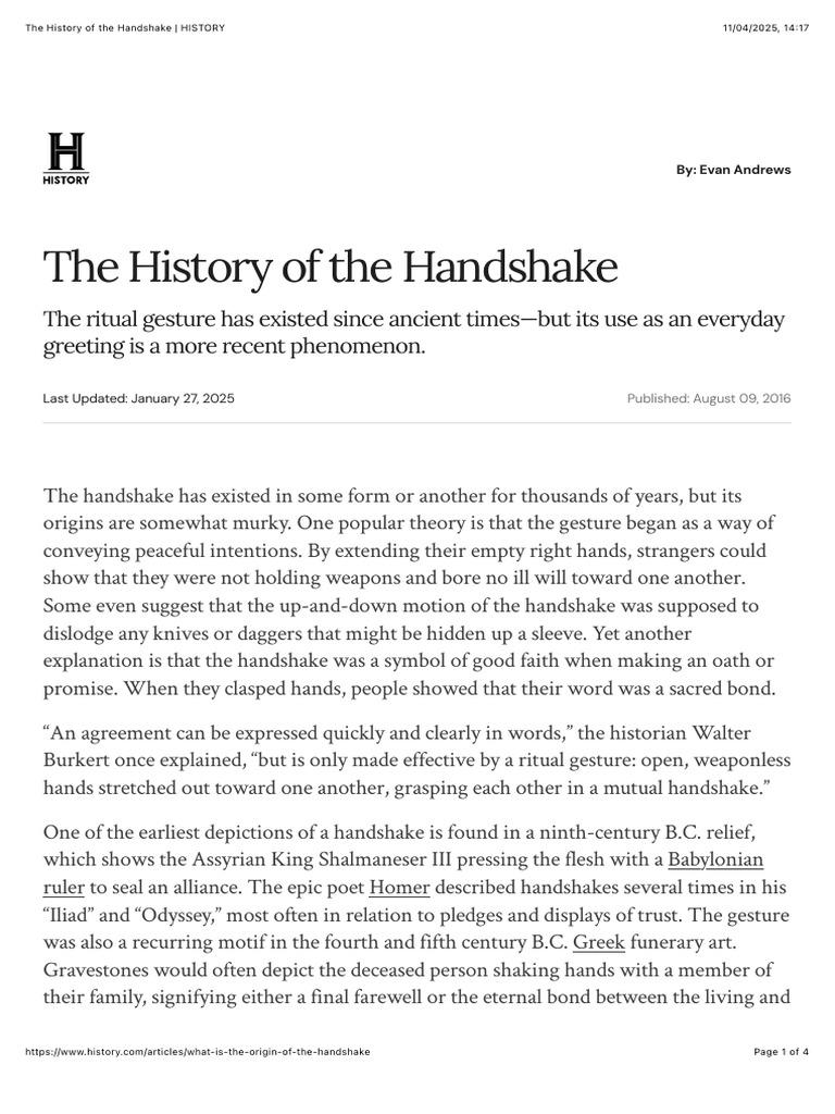 The History of The Handshake - HISTORY | PDF