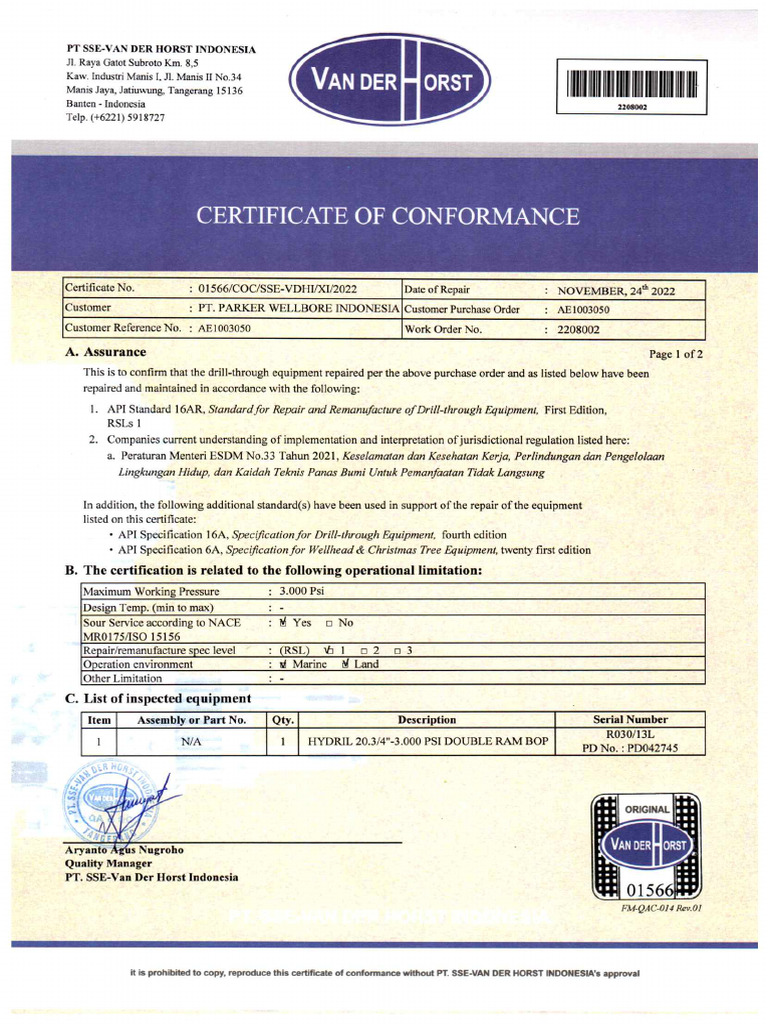 Coc 01566 Parker Wellbore Indonesia 2208002 - Hydril 20-3k Psi DR Bop Sn.r030.13l-1 | PDF