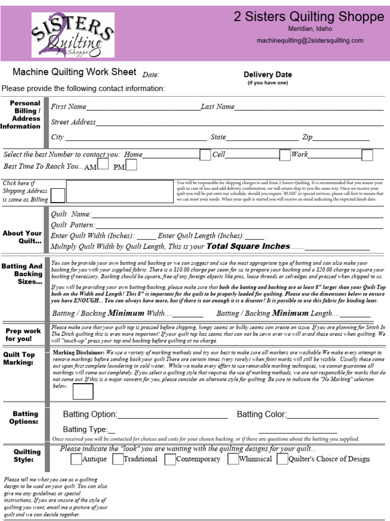 Quilt Pricing and Information Worksheet | PDF | Quilt | Quilting