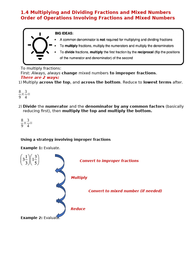 1.4 Multiplying and Dividing Fractions and Mixed Numbers | PDF