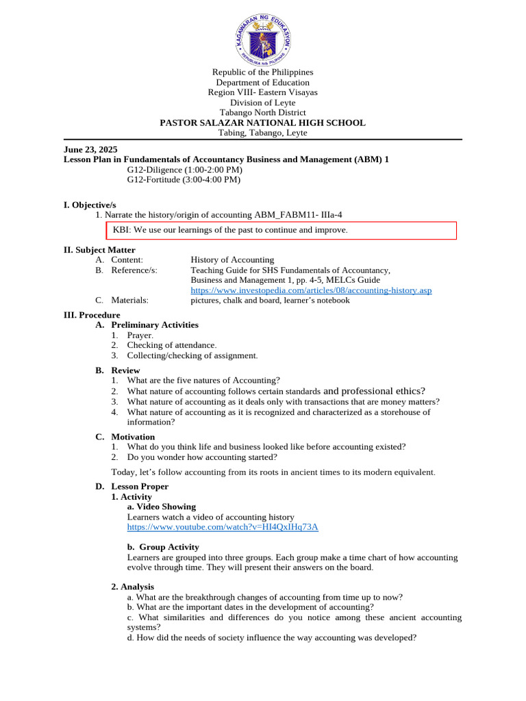 Lesson Plan: History of Accounting | PDF | Accounting