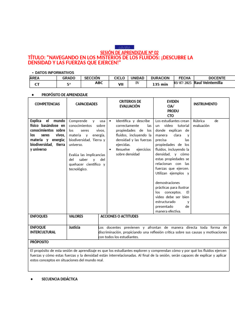 50-Sesion-De-Aprendizaje-1-Unidad-4-Secundaria 5TO ABC RAUL | PDF | Buceo bajo el agua | Densidad