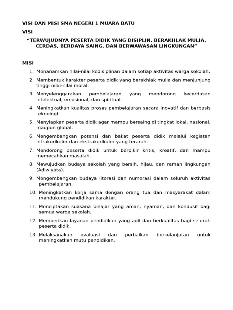 Visi dan Misi SMA Negeri 1 Muara Batu | PDF