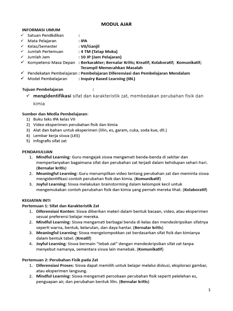 Modul Pembelajaran IPA Kelas VII | PDF