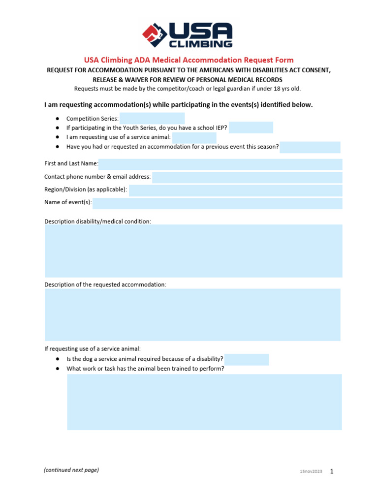 USA Climbing ADA Accommodation Form | PDF | Disability