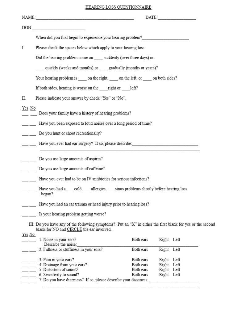 Hearing Loss Questionnaire Form | PDF