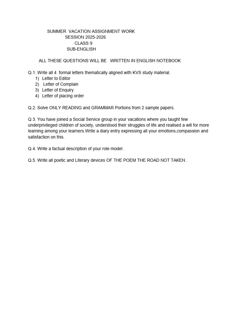 Class Ix Summer Vacation Homework (English) | PDF