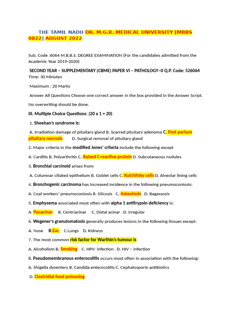The MGR Medical Uinversity MCQ - Q & A - August 2022-1 | PDF | Ovarian ...