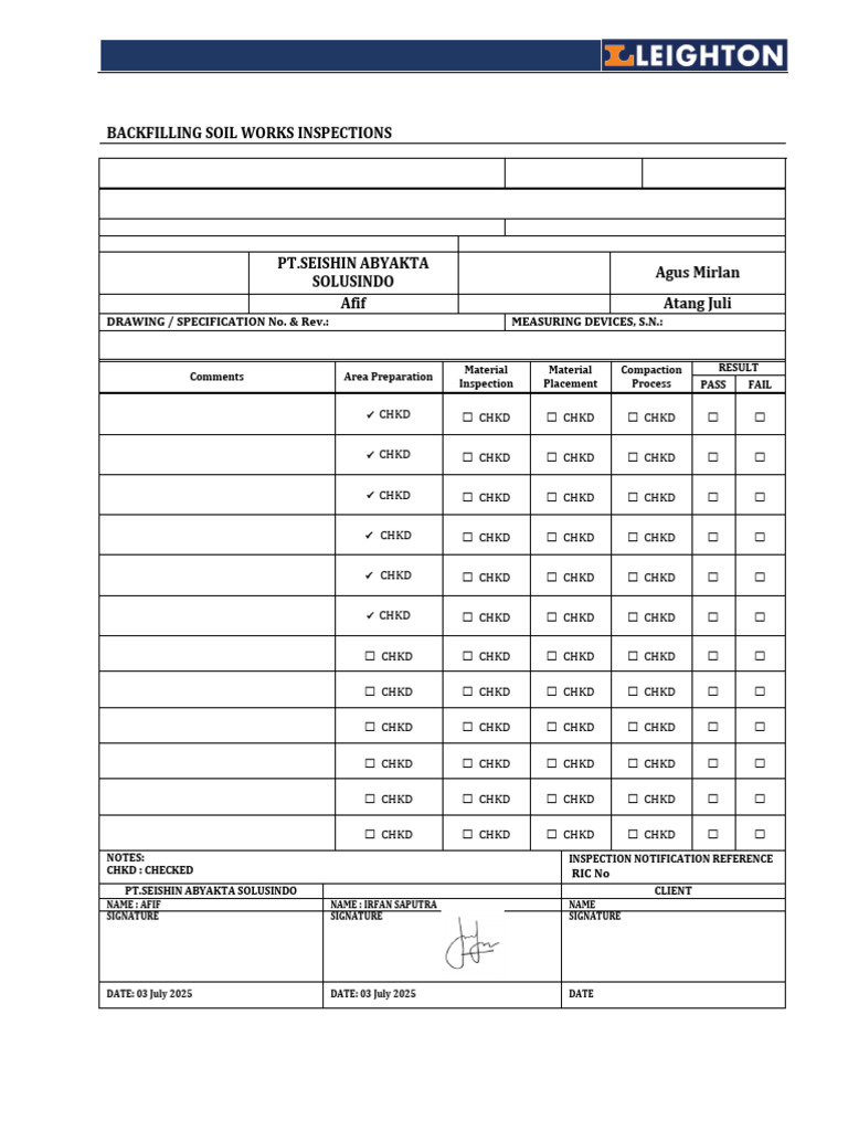 Form Checksheet Backfill Soil Works | PDF