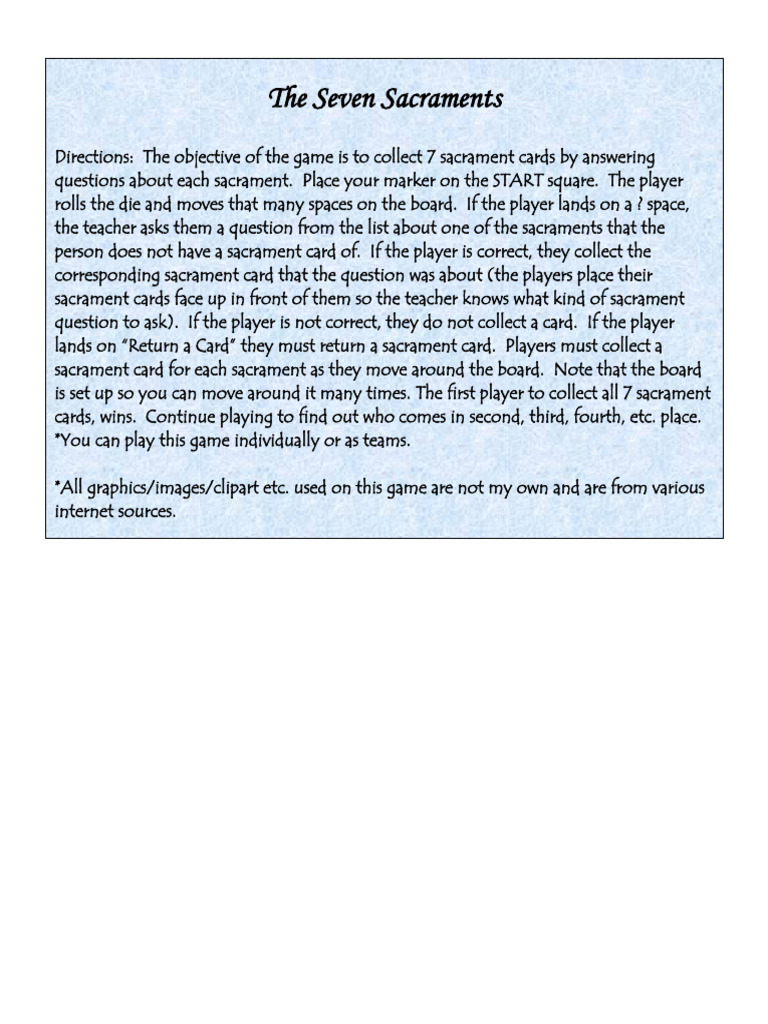 The Seven Sacraments Game | PDF | Eucharist | Confirmation