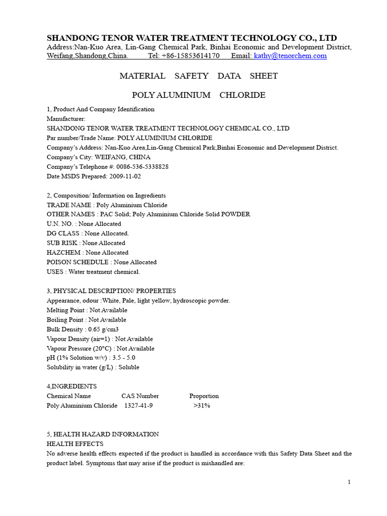 Poly Aluminium Chloride MSDS Guide | PDF | Personal Protective ...